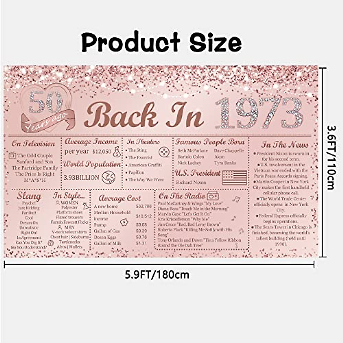 Vlipoeasn 50th Birthday Decorations for Women, Rose Gold Glitter Back in 1973 Birthday Backdrop Banner, 70.86 x 43.3Inch Pink 50 Years Old Party Poster Supplies