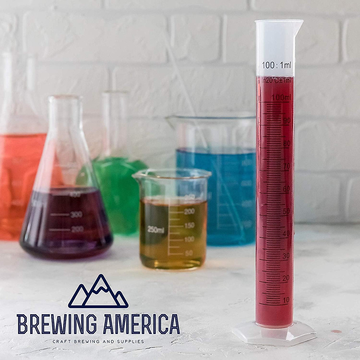 Brewing America 100ml Plastic Graduated Cylinder Beaker - 100ml Science Measuring Test Tube Flask, 2-Sided Marking - Black and Raised Graduation Lines, Pour Spout