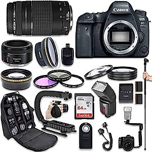 Canon EOS 6D Mark II DSLR Camera with Canon EF 75-300mm f/4-5.6 III Lens + Canon EF 50mm f/1.8 STM Lens + Fully Dedicated TTL Flash + 64Gb SDXC Card + FB-150 Flash Bracket (22 Items kit) (Renewed)