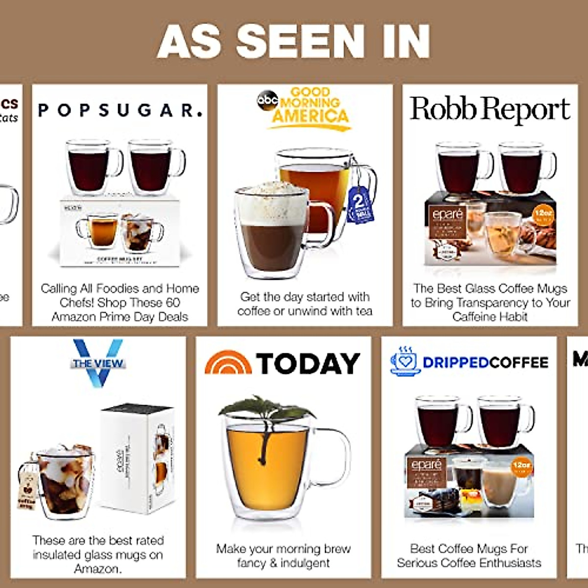 Eparé 12 oz Double Wall Coffee Mugs Set of 2 - Large Iced Latte Glass Coffee Cups with Handle - Lightweight Double Walled Glass Coffee Mug - Cappuccino, Tea, or Espresso Glass Cups