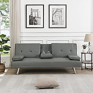 Penifun Convertible Folding Futon Sofa Bed Sleeper Couch for Living Room PU Leather Upholstered Loveseat with Armrest & Two Cup Holders, Solid Wood Frame/Stainless Leg, Gray