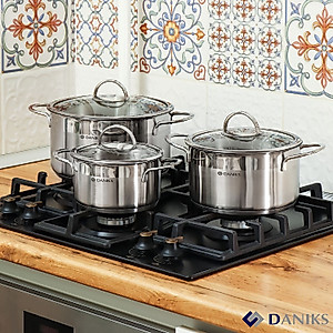 Daniks Bonn Stainless Steel Stock Pot with Glass Lid | Induction 2 Quart | Dishwasher Safe Pot | Measuring Scale | Soup Pasta Stew Pot | Silver