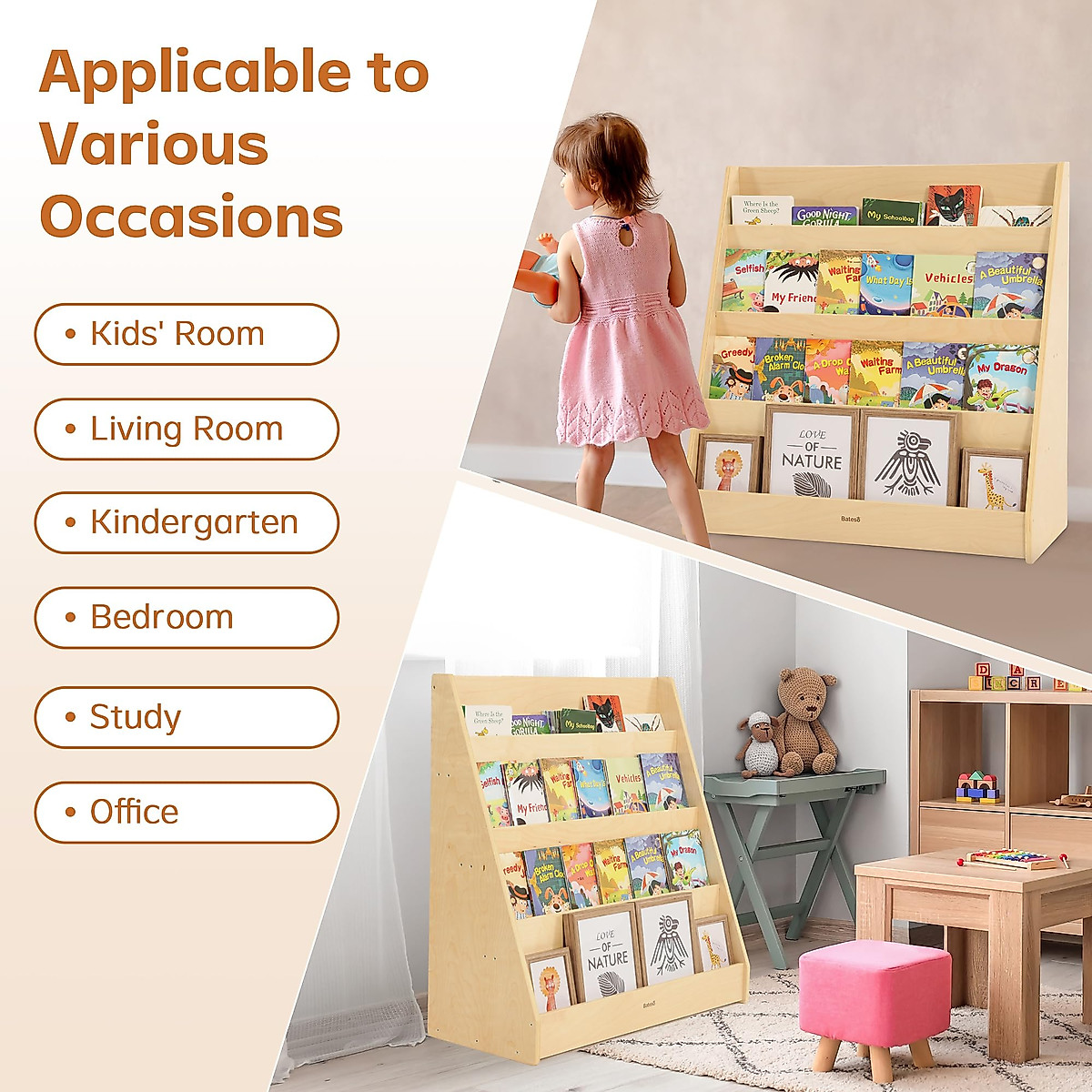 Single-Sided Bookshelf, Wooden Bookshelf, 4-Layer Toddler Bookshelf, Children's Magazine Storage Shelf, Ideal for Playrooms, Bedrooms, Study Rooms, Living Rooms, Nurseries and Classrooms