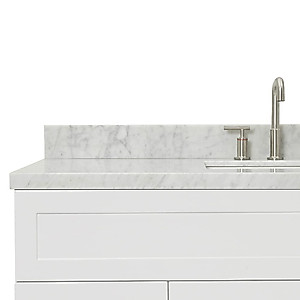 ARIEL 55" White Bathroom Vanity with 1.5" Edge Italian Carrara Marble Countertop & Splash, Rectangular Sink, 2 Soft Closing Doors, 4 Full Extension Dovetail Drawers, Toe Kick, Brushed Nickel
