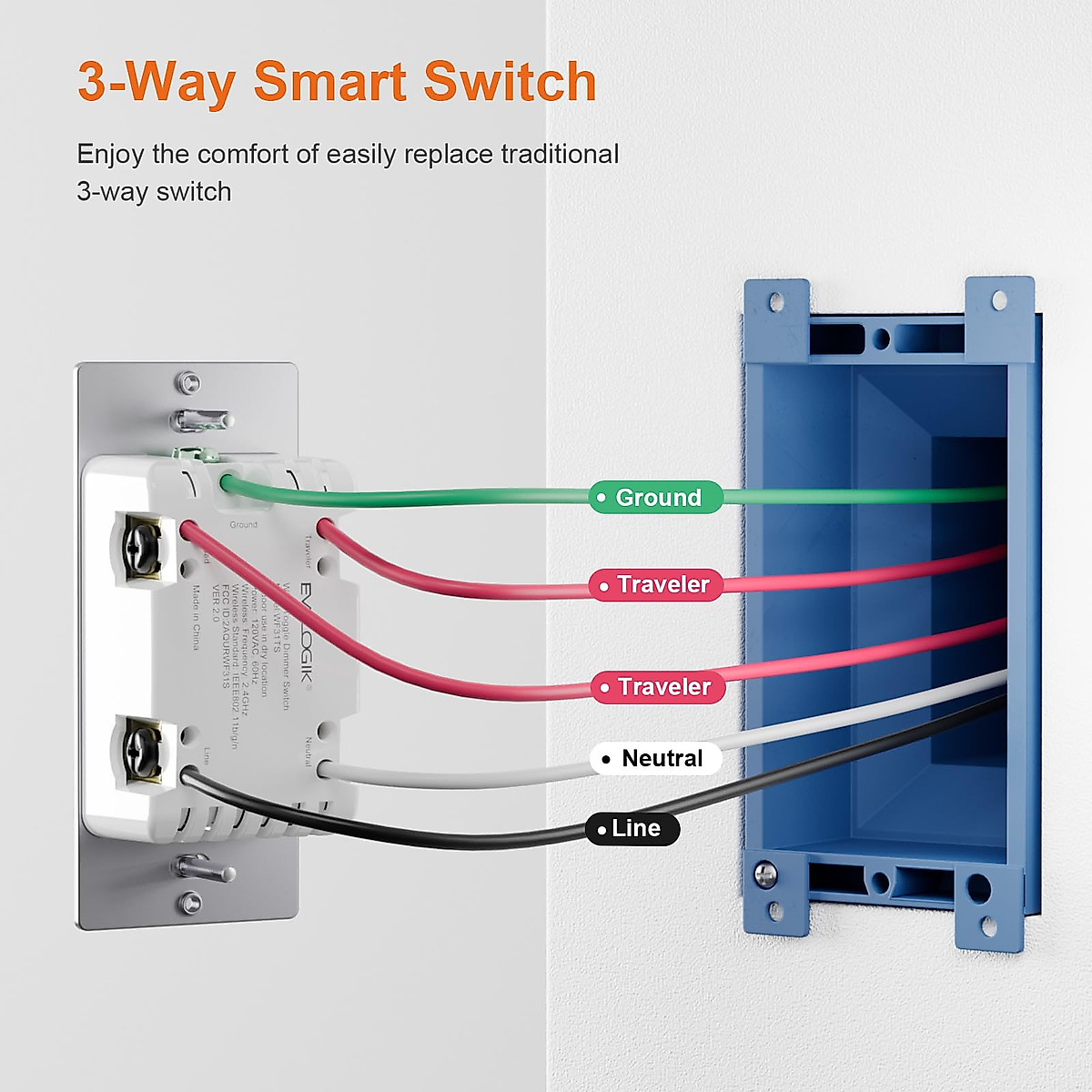 3-Way Smart WiFi Toggle Light Switch, On/Off Control, in-Wall, No Hub Required, Compatible with Alexa and Google Home, ETL and FCC Listed (WF30TS)
