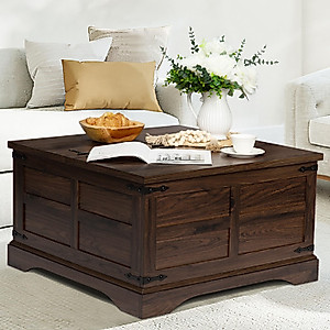 Wnutrees Farmhouse Coffee Table with Hinged Lift Top and Large Hidden Storage Compartment, Rustic Square Wood Central Table for Living Room, Bedroom, Home Office,Walnut