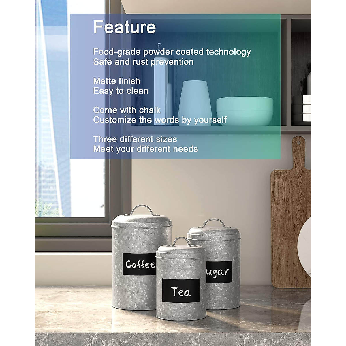LF LIKEFAIR Farmhouse Kitchen Canisters Set of 3,Food Storage Containers for Home Kitchen, Tea, Herbs, Sugar, Salt, Coffee, Flour, Herbs (Silver)