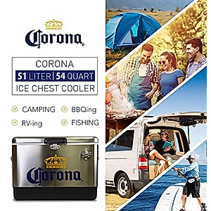 Corona Ice Chest Beverage Cooler with Bottle Opener, 51L (54 qt), 85 Can stainless steel Portable Cooler, Silver and Black, for Camping, Beach, RV, BBQs, Tailgating, Fishing
