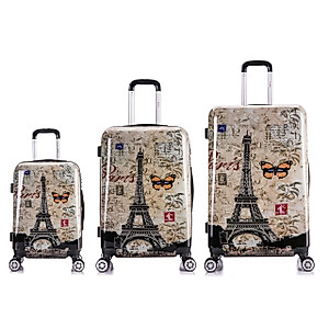 InUSA Paris Print Luggage with Spinner Wheels | Durable Lightweight Hardside Suitcase | Travel Bag with Handle and Trolley | (20in, 24in, 28in) 3 Piece Set