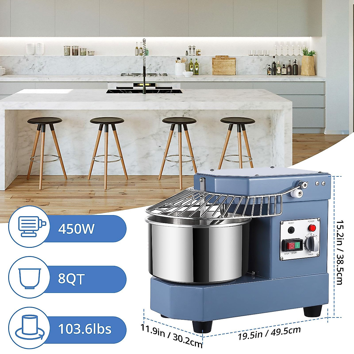 Towallmark Commercial Dough Mixer, 8QT Stainless Steel Bowl, 450W Dual Rotating Dough Kneading Machine with Safety Shield,for Restaurant, Bakeries,Pizzeria