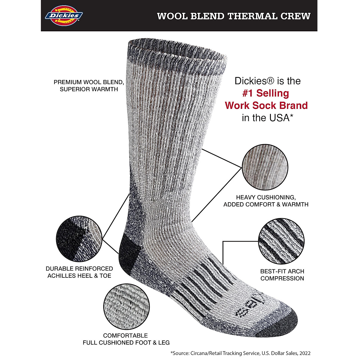 Dickies Men's Heavy Weight Wool Blend Thermal Crew Socks, (2, 4, Blue (2 Pairs), Large