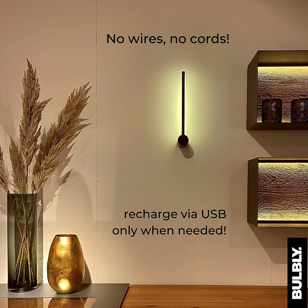 Bulbly Modern Cordless Wall Sconce Set of Two | Modern Dimmable LED Black Wall Lamps for Living Room & Bedroom Decor | USB Rechargeable Wall Light