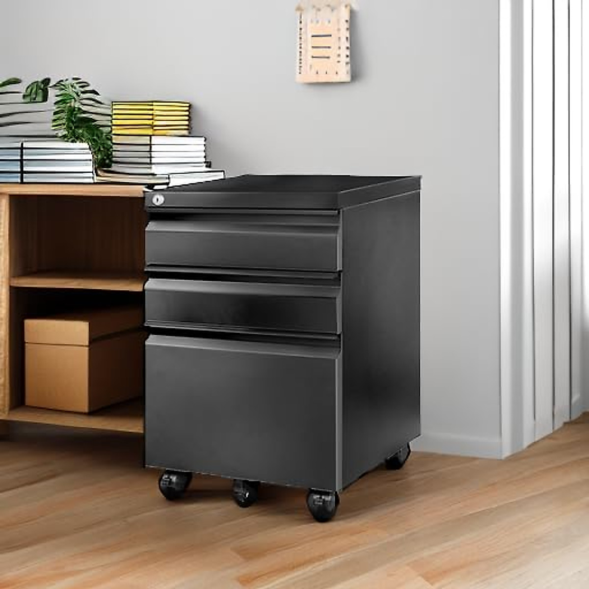 FLEXISPOT 3 Drawer File Cabinet for Home Office,Metal Mobile Filing Cabinet Under Desk Storage with Lock Keys,File Organizer Cabinet for Legal/Letter/A4 File,Fully Assembled Except Wheels,Black