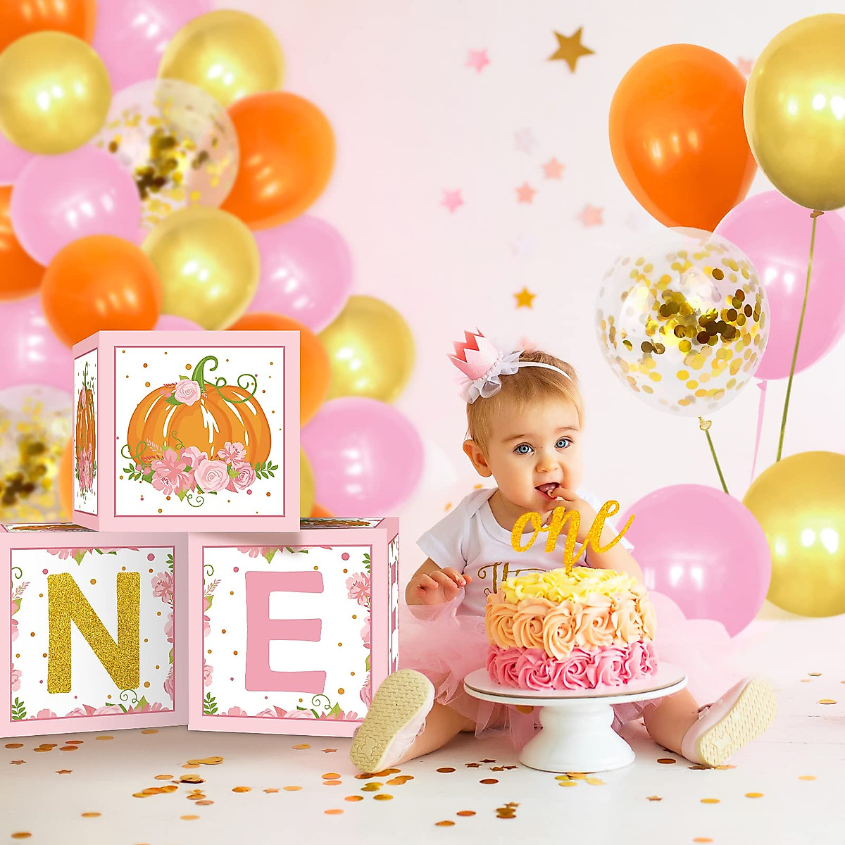 Fall Pumpkin First Birthday Balloon Boxes One Box Blocks Decorations Thanksgiving Birthday Cake Smash Party Photo Props Backdrop (Pink)