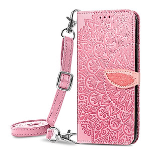ONV Wallet Case Compatible with Samsung Galaxy S9 Plus -1.5M Adjustable Strap Emboss Feather Flip Phone Case Card Slot Magnet Leather Shell Flip Stand Cover for Samsung Galaxy S9 Plus [MZY] -Pink