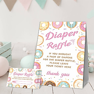 JCVUK Baby Shower Games, 1 Diaper Raffle Standing Sign with 50 Diaper Raffle Tickets,Donut Love Theme Babyshower Party Decorations and Supplies For Boys or Girls(LBLK-B07)