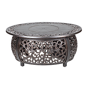 Fire Sense 62198 Toulon Filigree Aluminum Convertible Gas Fire Pit Table 55,000 BTU Outdoor Multi-Functional with Fire Bowl Lid, Nylon Weather Cover & Clear Fire Glass - Bronze Finish - Oval - 48"