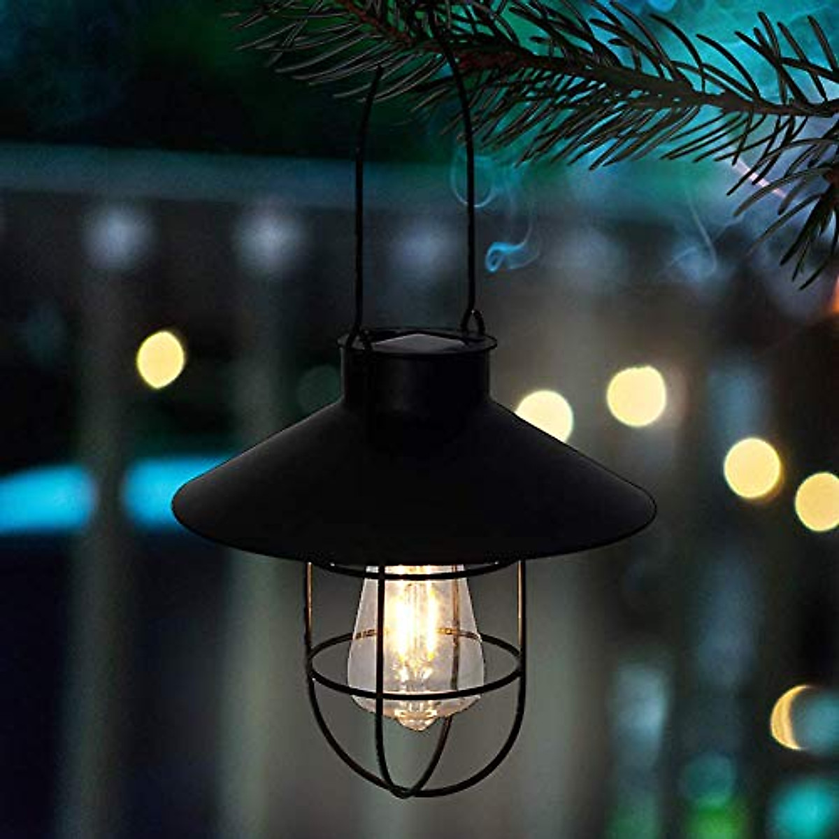 pearlstar Solar Lantern Outdoor Hanging Light Metal Solar Lamp with Warm White Edison Bulb Design for Garden Yard Patio Proch Decor(Black)