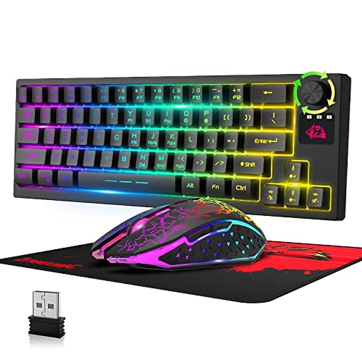Wireless Gaming Keyboard and Mouse Combo,12 RGB Backlit with Rotary Knob,Long-Lasting Rechargeable Battery 4000mAh,N-Key Rollover,Quick and Quiet Typing Keyboard and Mouse for PC PS4 PS5(Black)
