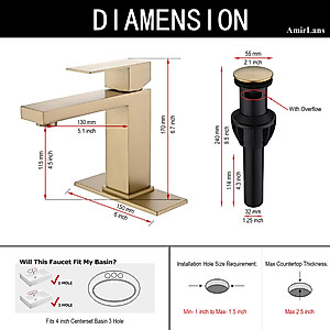 AmirLans Brushed Gold Bathroom Faucet Single Hole, Single Handle Stainless Steel Faucet for Bathroom Sink with Pop Up Stopper, Gold Vanity Faucet AML-1141-BG