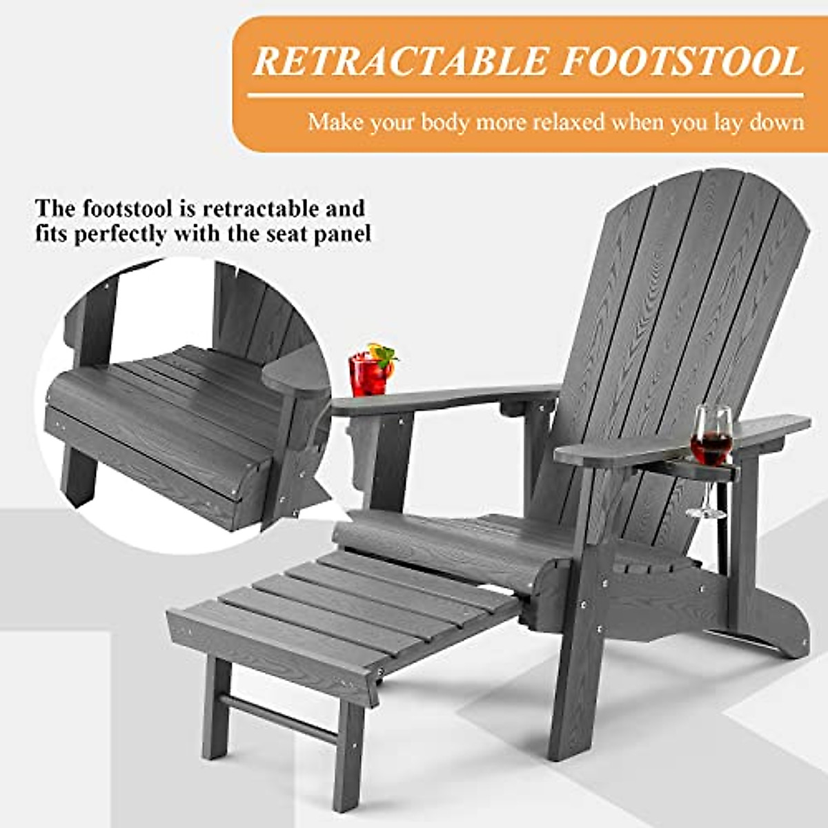 Leteuke Adirondack Chair with Ottoman, Oversized Adirondack Chair with Adjustable Backrest and 2 Cup Holder, Weather Resistant Adirondack Chair for Patio, Outdoor, Fire Pit, Garden, Deck, Dark Gray