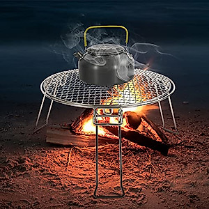 Lineslife Folding 13.4'' Round Campfire Grill Grate, Portable Stainless Steel Camp Fire Cooking Racks with Removable Net 3 Legs for Outdoor Camping Cooking Fire Pit, Silver