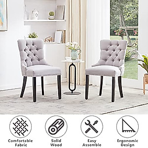 Kingfun Dining Chairs Set of 2, Upholstered Tufted Kitchen & Dining Room Chairs, Modern Accent Chairs Side Chair for Dinner Table/Waiting, Padded Nailhead Fabric Parson Chair(Solid Wooden, Light Grey)