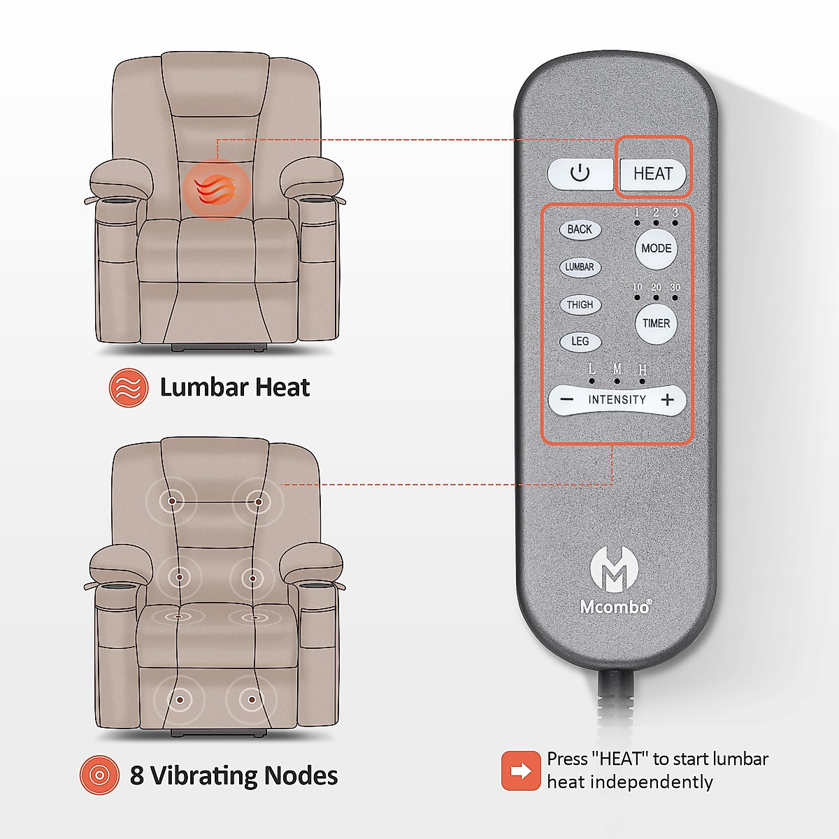 MCombo Small Power Lift Recliner Chair with Massage and Heat for Petite People, Cup Holders, USB Ports, Side Pockets, Fabric 7569 (Small-Regular, Brown)