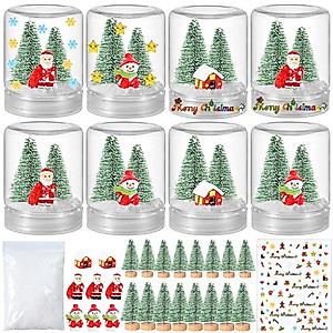 8 Set Christmas Plastic Snow Globes Kit Includes 8 Clear Snow Globe, 16 Mini Xmas Trees, 3 Snowman, 3 Santa Claus, 2 House, 1 Christmas Sticker with Artificial Snow for DIY Crafts Home Winter Decor
