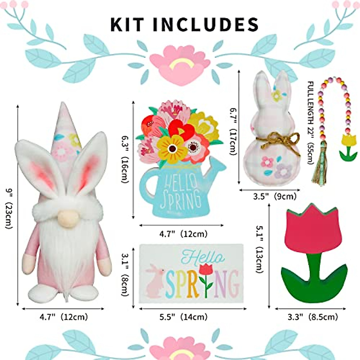 Spring Easter Decorations, 6PCS Easter Bunny Gnome Tiered Tray Decor, Plush Bunny, Easter Gnome Plush, Spring Wood Signs, Flower Bead Garland, Easter Farmhouse Kitchen Table Decor