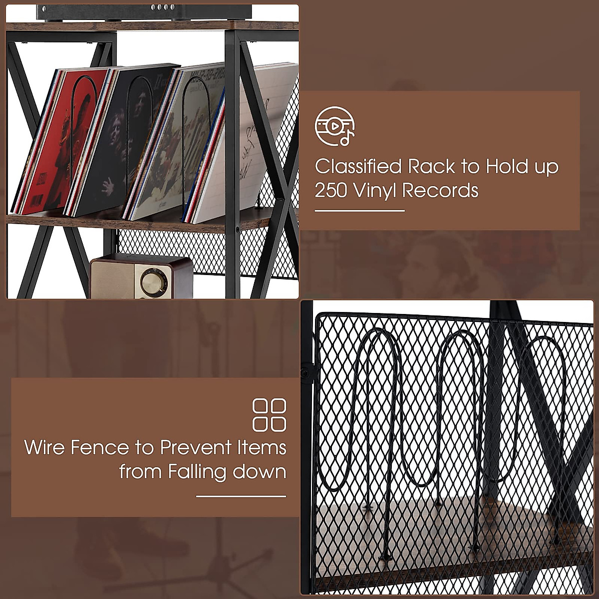 Giantex Record Player Stand, Vinyl Record Storage Table w/ 3 M-Shaped Dividers & 4 Rolling Wheels, Turntable Stand Holds Up to 250 Albums for Living Room, Office, Rustic Brown