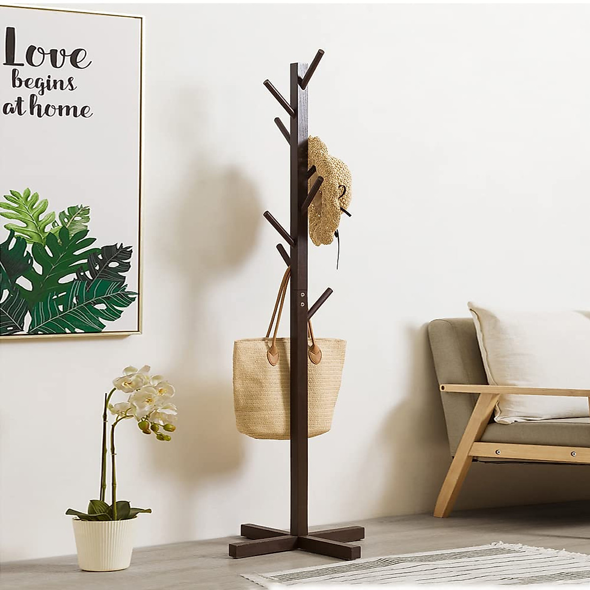 Tiasott Wooden Coat Rack Stand,Free Standing Tree Hanger,Standing Coat Rack with 8 Hooks,Hallway Entryway Clothes Hanger for Suits,Hats,Scarves,Handbags,Umbrella,Brown
