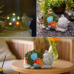 Qeeman Garden Outdoor Decor Cat Statue - Cat Resin with Solar Light Garden Statues Outsides Decorations for Cat Lovers Gardeners Family with Pets,Ornament Gift for Birthday/Mother’s Day