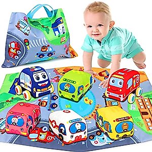 LOVKIZ Baby Toys 6 to 12 Months - Soft Car Toys for 1 Year Old Boy Girl with Playmat Storage Bag - Infant Baby Toys 12-18 Months Toddler Toys Age 1-2 - 1st Birthday Gifts for 1 2 3 Year Old (6 Sets)