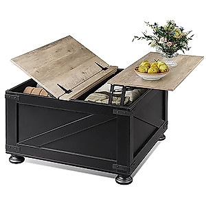 WLIVE Farmhouse Coffee Table,Square Wood Lift Top Coffee Table with Storage,Center Table for Living Room,Home Office,Black and Grey Oak