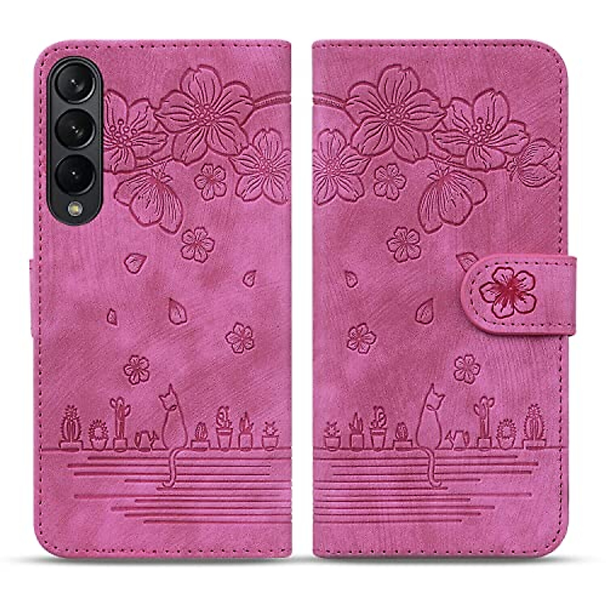 EAXER for Samsung Galaxy Z Fold 3 Case, Shockproof Sakura Leather Card Slots PU Wallet Case Cover (Rose)