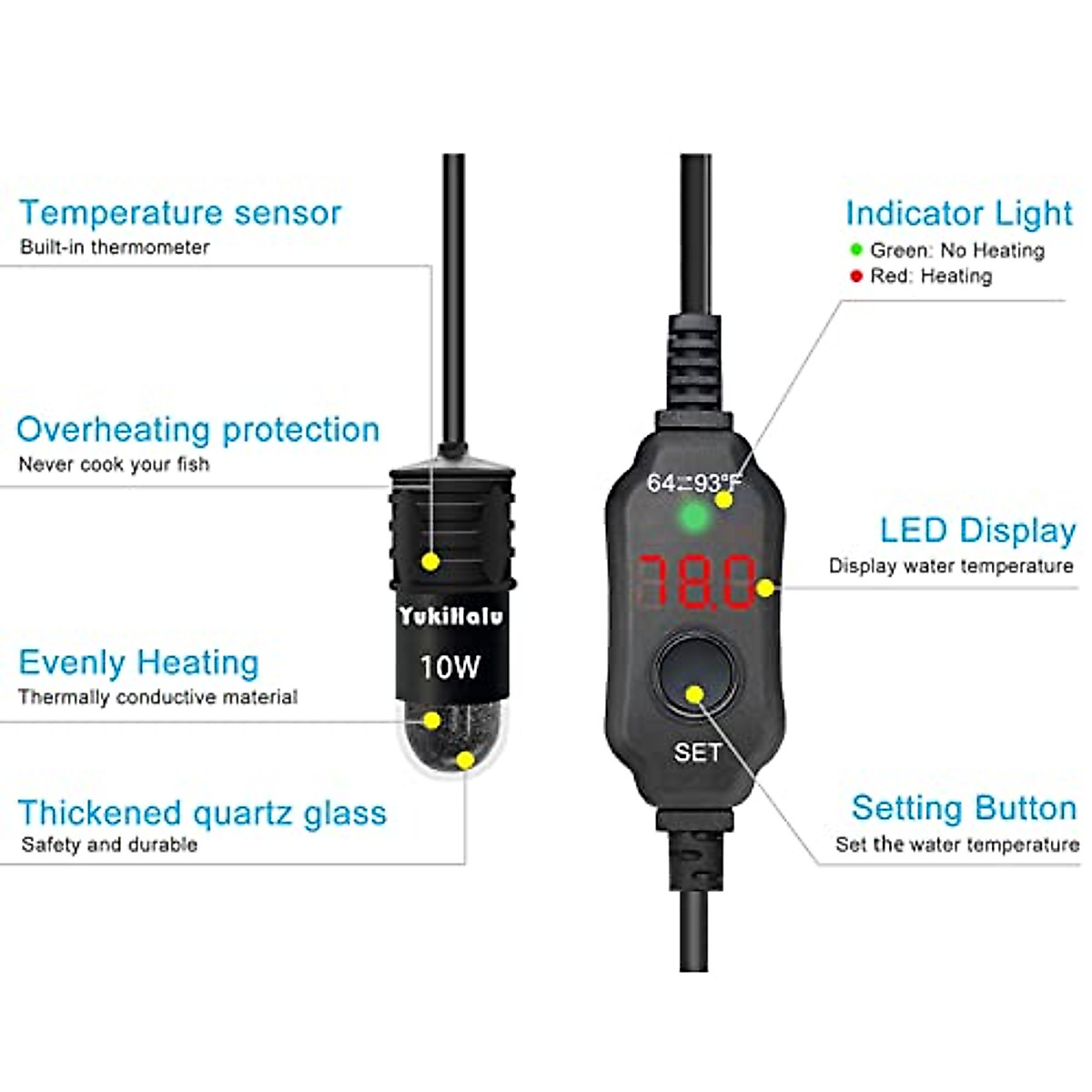 YukiHalu USB Powered Aquarium Heater, 10W/20W/30W Adjustable Mini Fish Tank Heater with External Temperature Controller, LED Display, Used for 0.5-1 Gallon Tank (10W USB)