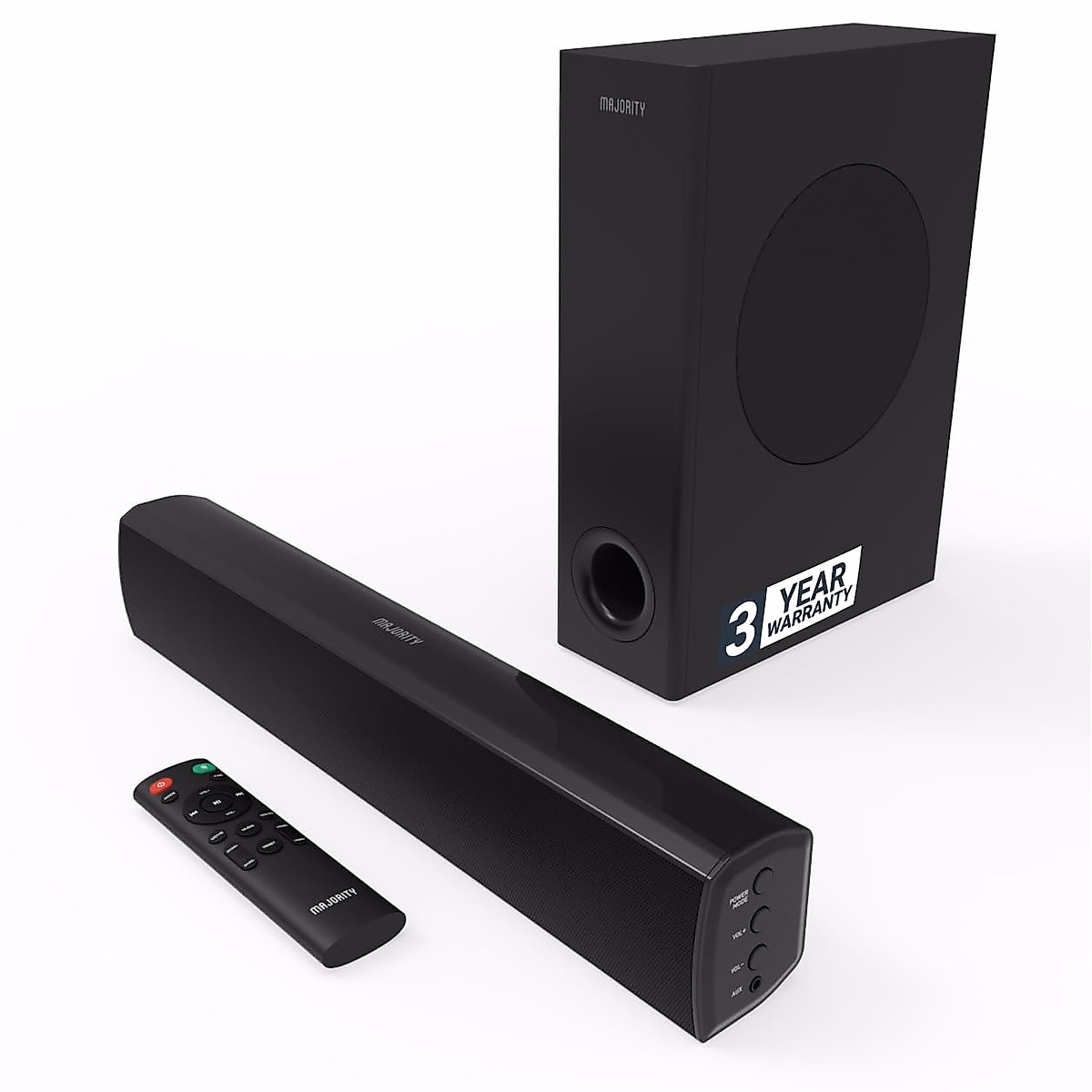 Majority Bluetooth Soundbar with Subwoofer | 100 Watts Sound bar for TV | 2.1 Stereo TV Sound Bar with Optical, RCA, USB, and AUX Playback | TV Speaker Bowfell Plus Sound Bar with Subwoofer