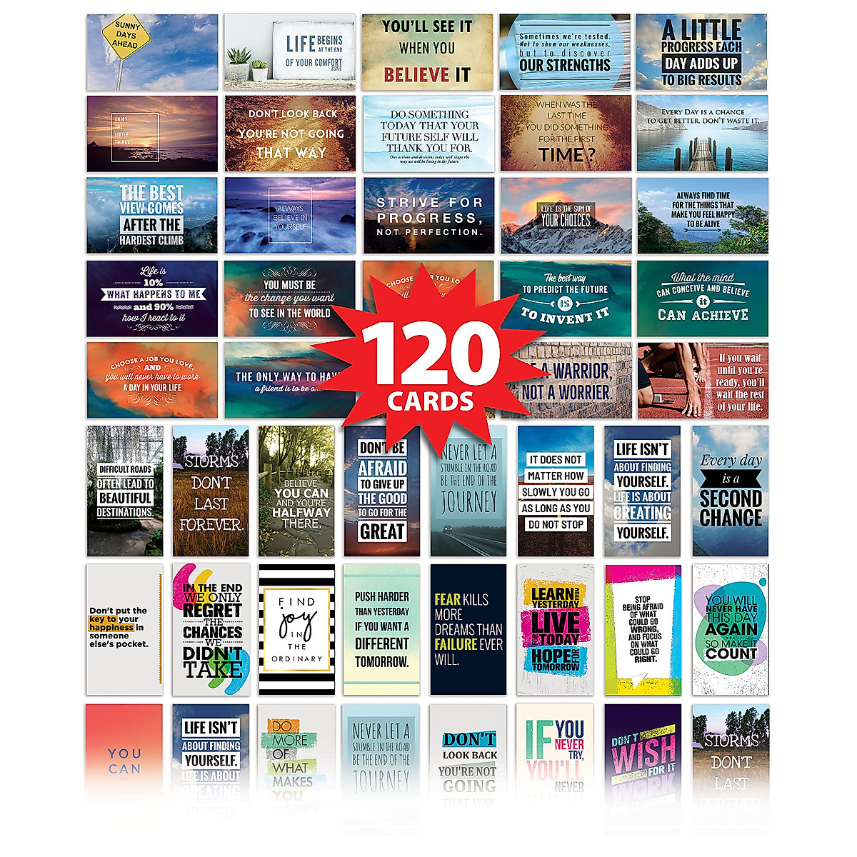 Better Office Products Motivation Inspiration Affirmation Cards, 120 Pack, 2 Each of 60 Unique Assorted Designs, Encouragement Card Deck, 2" x 3.5" (Business Card Size)