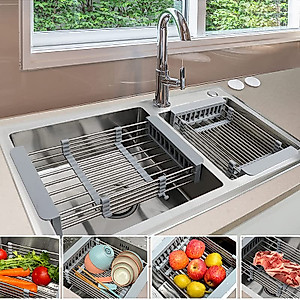 Expandable Colander Dish Drying Rack Over the Sink Drain Rack for Kitchen Sink Strainer Basket Rinse Drain Dry Vegetable Fruit Dishes Kitchen Rack