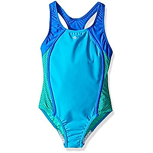 Speedo Girl's Swimsuit One Piece Mesh Splice Thick Strap , Cyan, 16