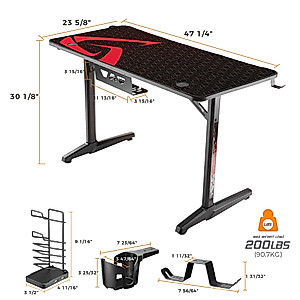 DESIGNA Computer Desk Racing Style, 47 inch Gaming Desk, Writing Home Office Desk with Free Mouse Pad, USB Handle Rack, Cup Holder & Headphone Hook, Black