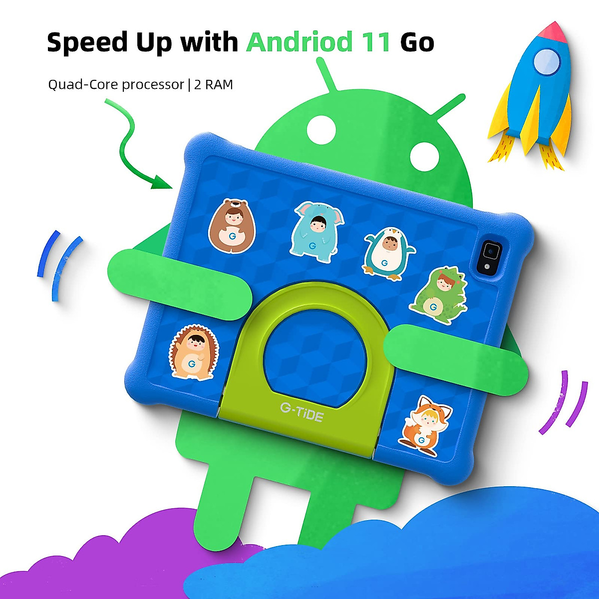 G-TiDE Kids Tablet, 10.1 inch Android 11 Tablet for Kids, 32GB ROM, Quad-Core, HD Dual Camera, WiFi Bluetooth, Parental Control, Kids App Klap with Kid-Proof Case and Screen Protector, Blue