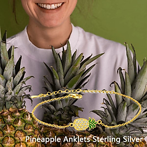 ORANGE FOREST Pineapple Anklets Sterling Silver 14K Gold Plated Adjustable Pineapple Ankle Bracelets Beach Anklets Summer Foot Jewelry Gifts for Women