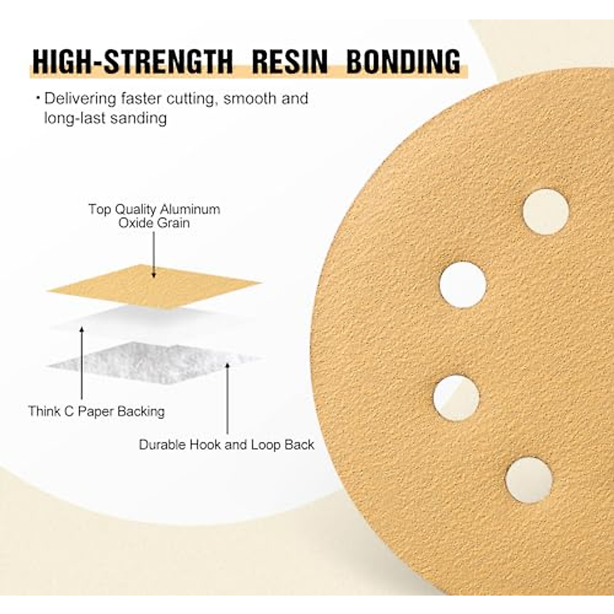 S SATC 100PCS 5 Inch Sanding Discs 60/80/120/150/220 Grits Gold Sanding Discs Hook and Loop 8 Holes Sandpaper Orbital Sander