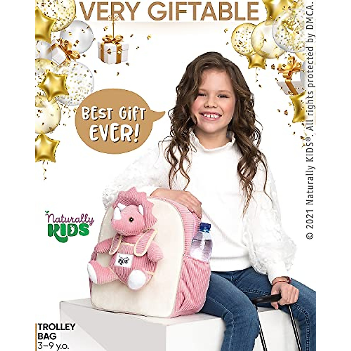 Naturally KIDS Dinosaur Backpack - Dinosaur Toys for Kids 3-5 - Kids Suitcase for Girl Boy w Stuffed Animal - Gifts for 7 Year Old - w Pockets & Reflective Logo - Rolling Backpack w Pink Triceratops