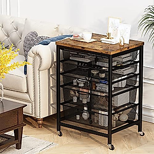 AWQM Rolling File Storage Cabinet,5 Drawers Cart Organizer with Lockable Wheels,Mobile Office Printer Stand,Home Office Utility Cart,Rustic Brown & Black Mesh