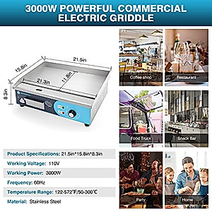 IRONWALLS Commercial Griddle Electric 22”, 3000W Electric Flat Top Grill, Stainless Steel Countertop Electric Griddle Nonstick with 122~572℉Adjustable Temperature Control for Restaurant Kitchen