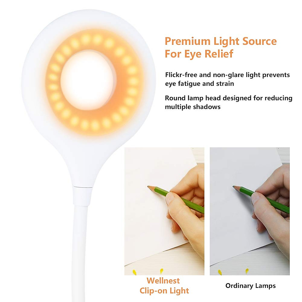 Clip-on Reading Light for Bed - Amber Book Read Light Rechargeable 5 Brightness Desk Light Clamp Lamp, Touch Control Dimmable Lamp with Flexible Neck, Gentle Night Light(White)