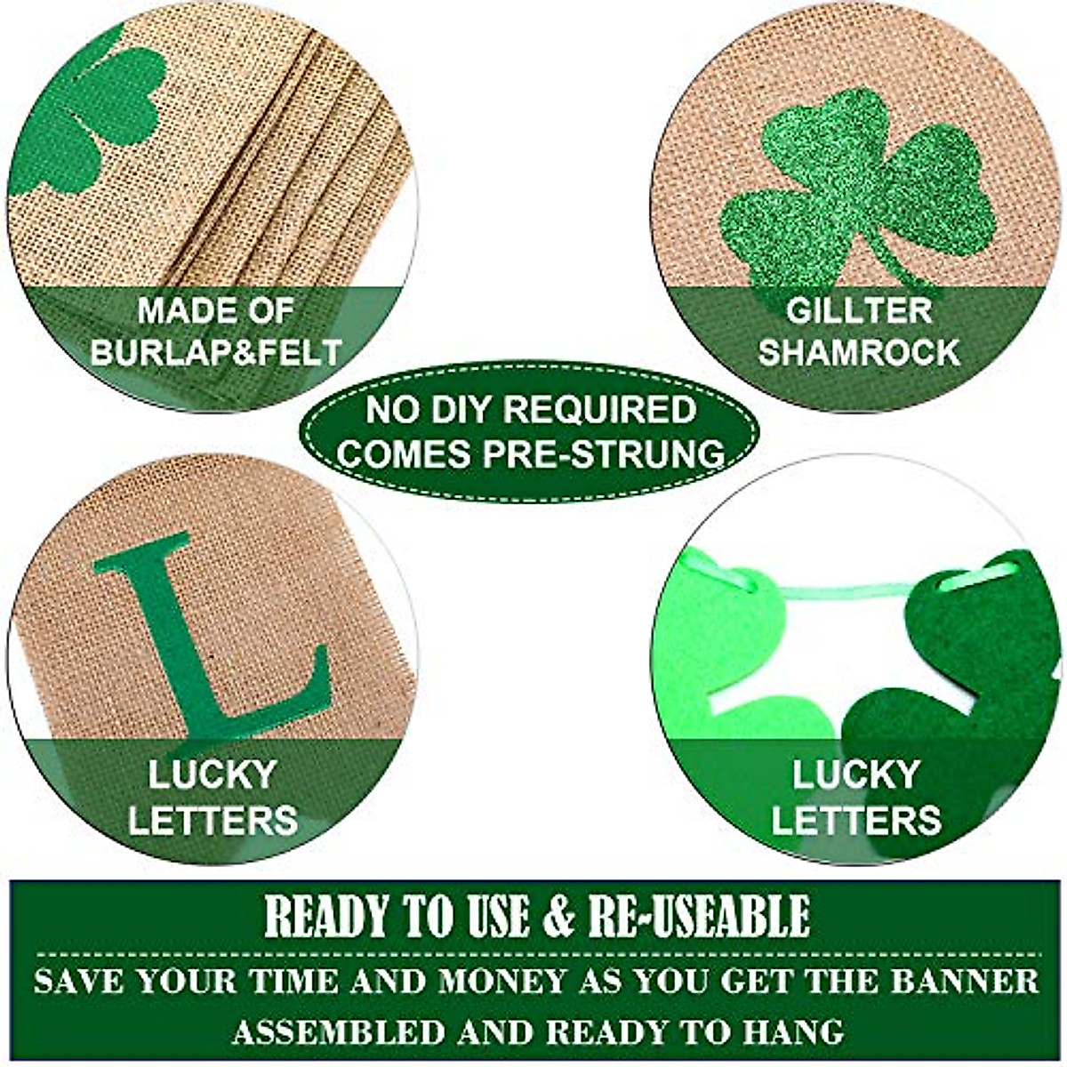 4 Pieces Burlap Lucky Banner Glitter Shamrock Banner Rustic Four Leaf Clover Banner Felt Shamrock Hanging Garland for St. Patrick's Day Decoration